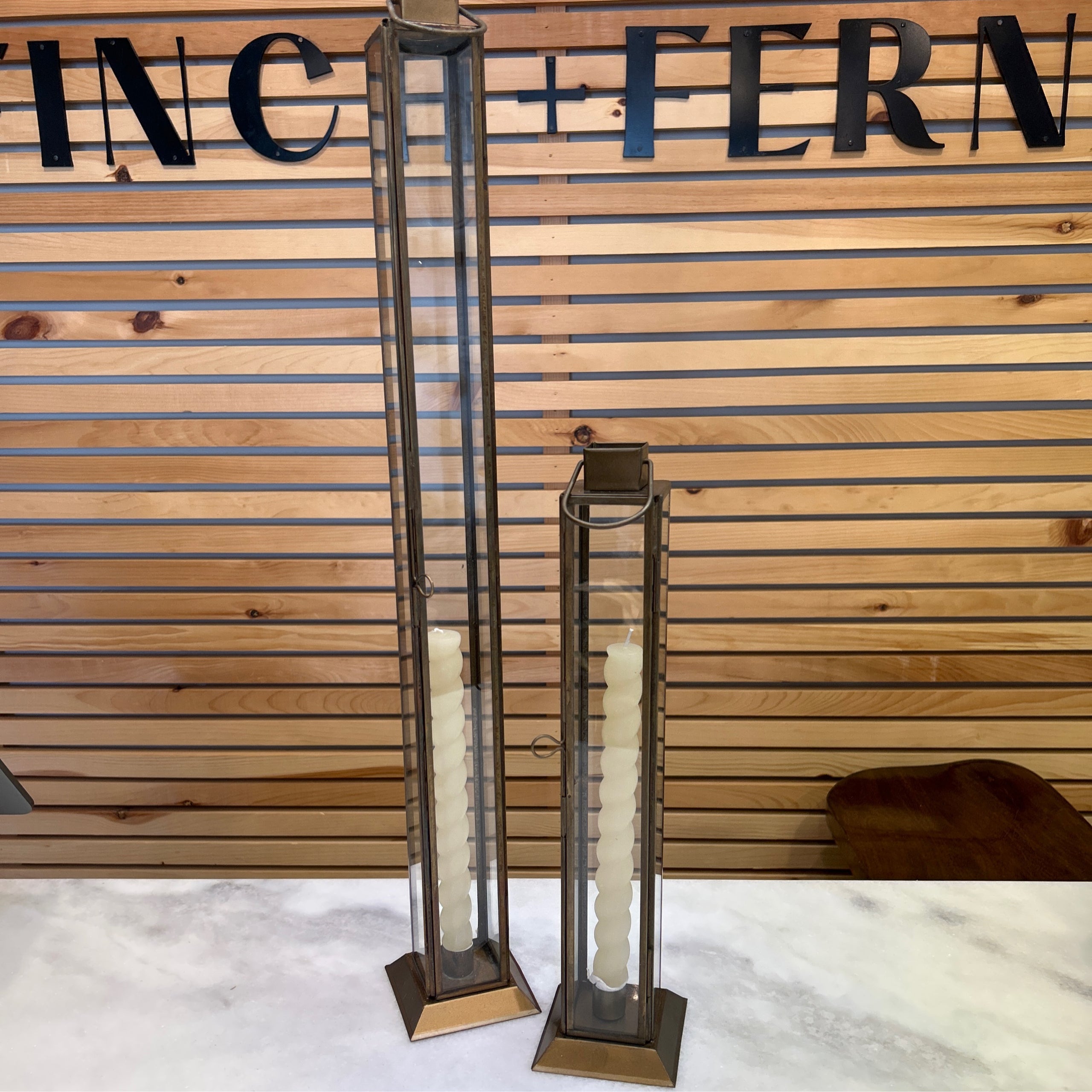 Tall skinny brass & glass lantern | Finch + Fern